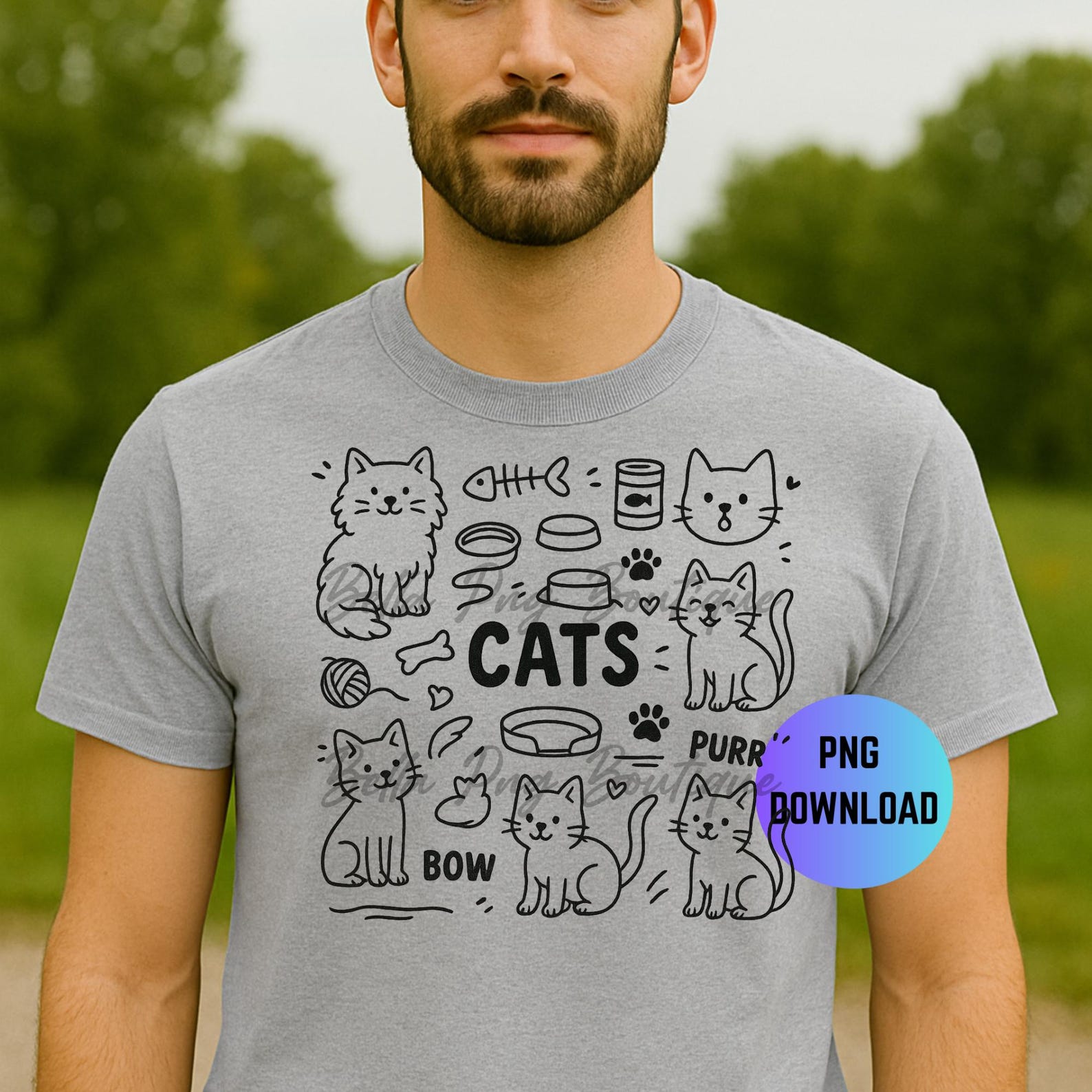 Cat Doodle PNG, Cute Kitten Clipart With Bowls, Yarn & Paws, Black Line ...