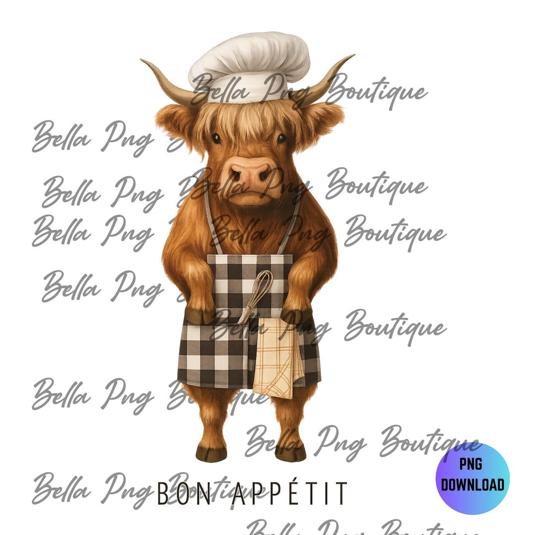 Bon Appétit Cow PNG, Highland Cow Chef Sublimation, Farmhouse Kitchen ...