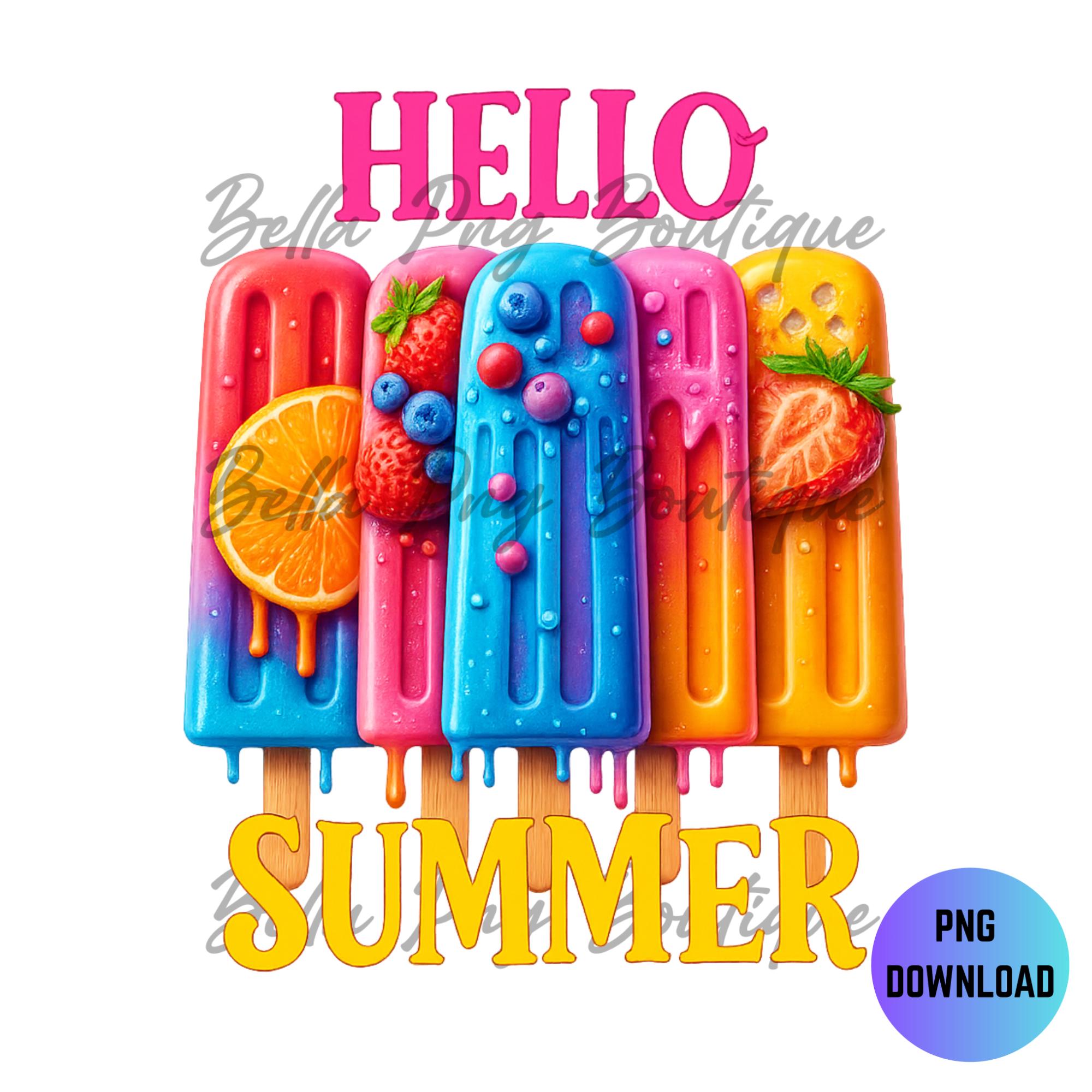 Hello Summer Popsicle PNG | Bright Colorful Ice Pop Clipart | Summer ...
