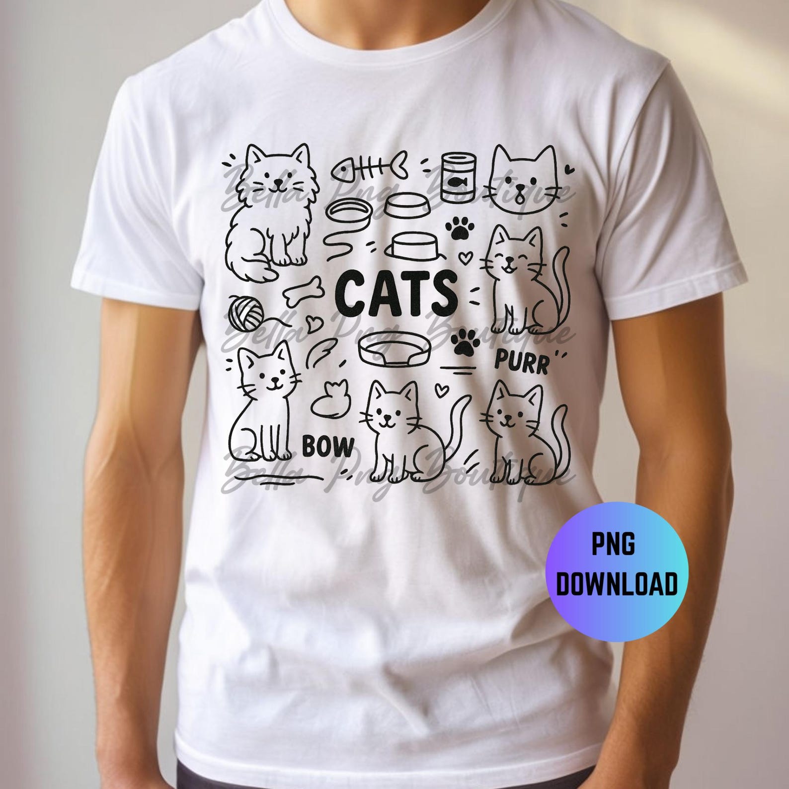 Cat Doodle PNG, Cute Kitten Clipart With Bowls, Yarn & Paws, Black Line ...