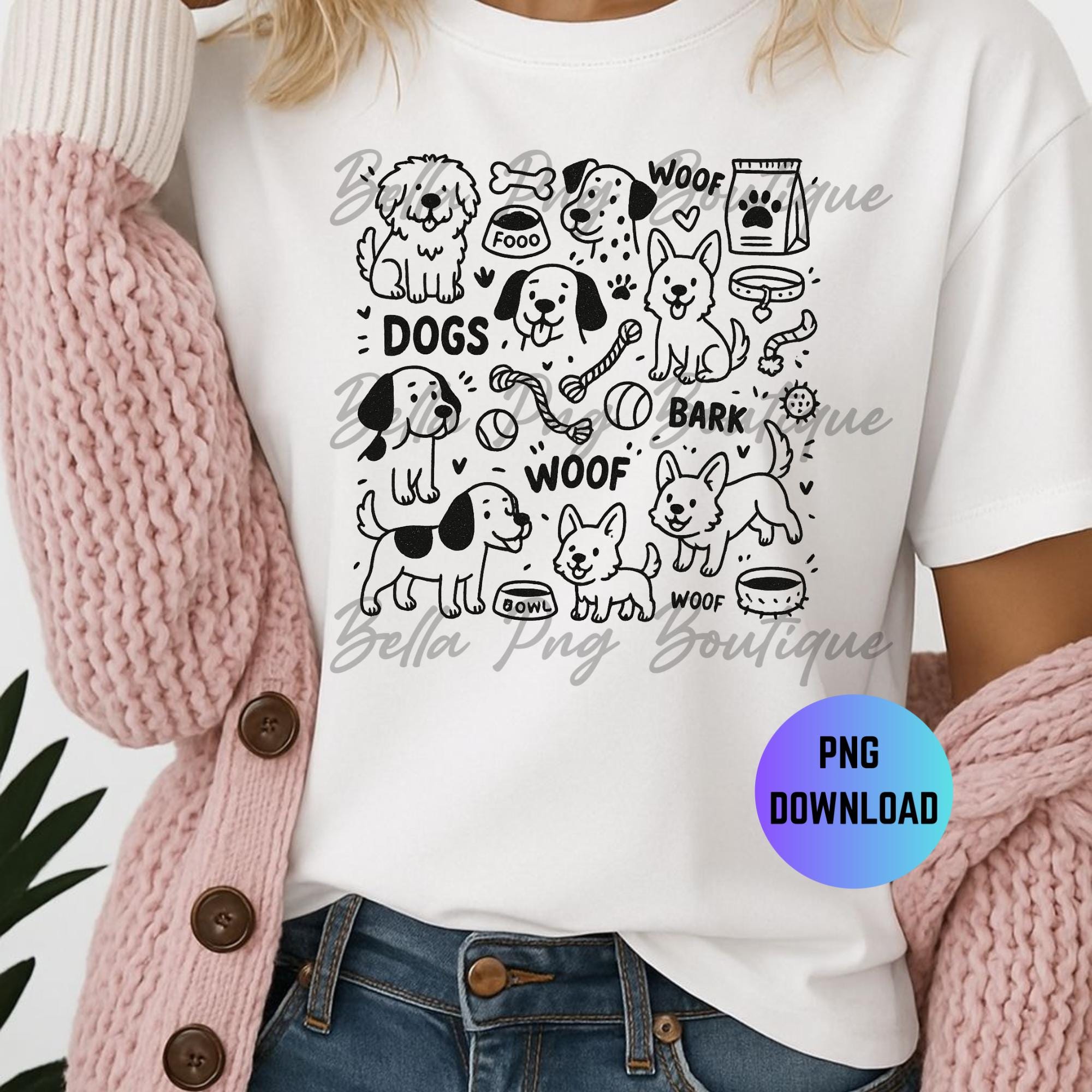Dog Doodle PNG, Cute Puppy Line Art Clipart With Toys, Bones, and Woof ...
