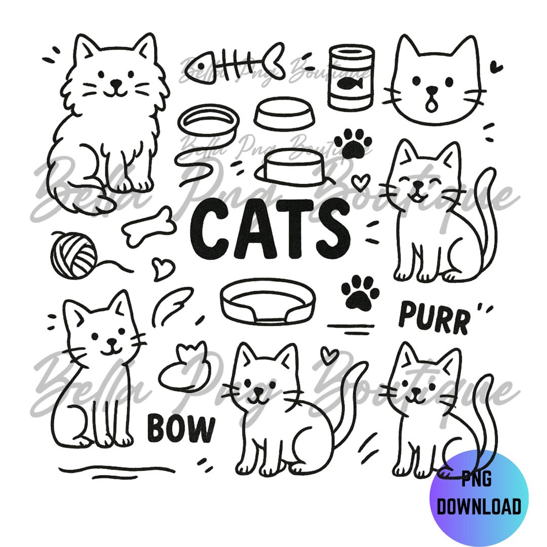 Cat Doodle PNG, Cute Kitten Clipart With Bowls, Yarn & Paws, Black Line ...