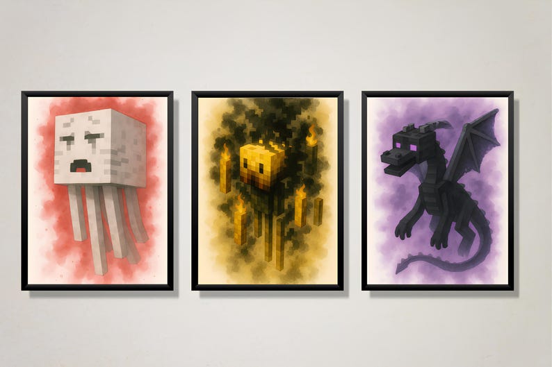 Minecraft Nether Mobs Printable Designs, Poster Set, 6-piece Cartoon ...