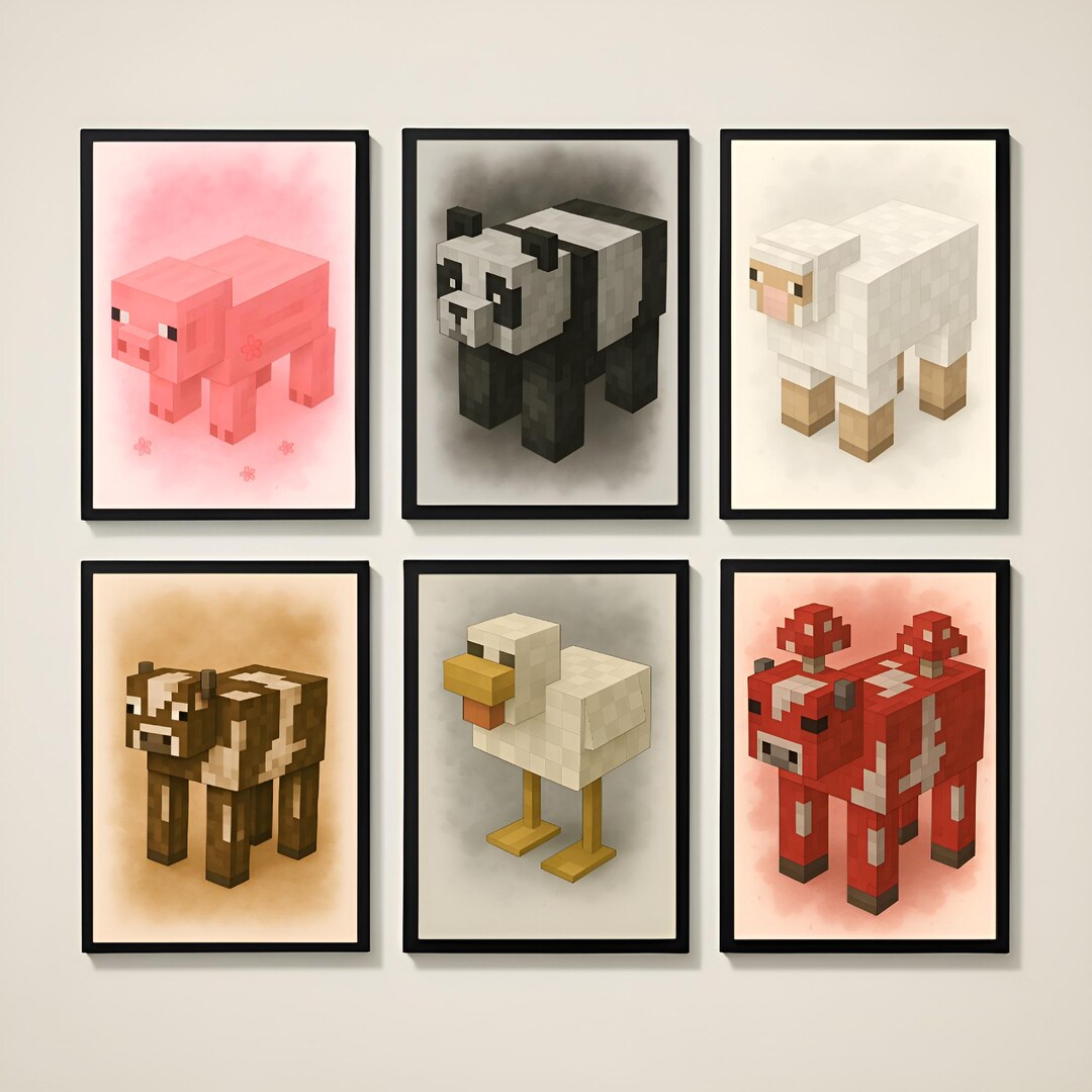 Minecraft Animal Wall Art Cartoon Poster Set, Nursery Decor, 6-piece ...