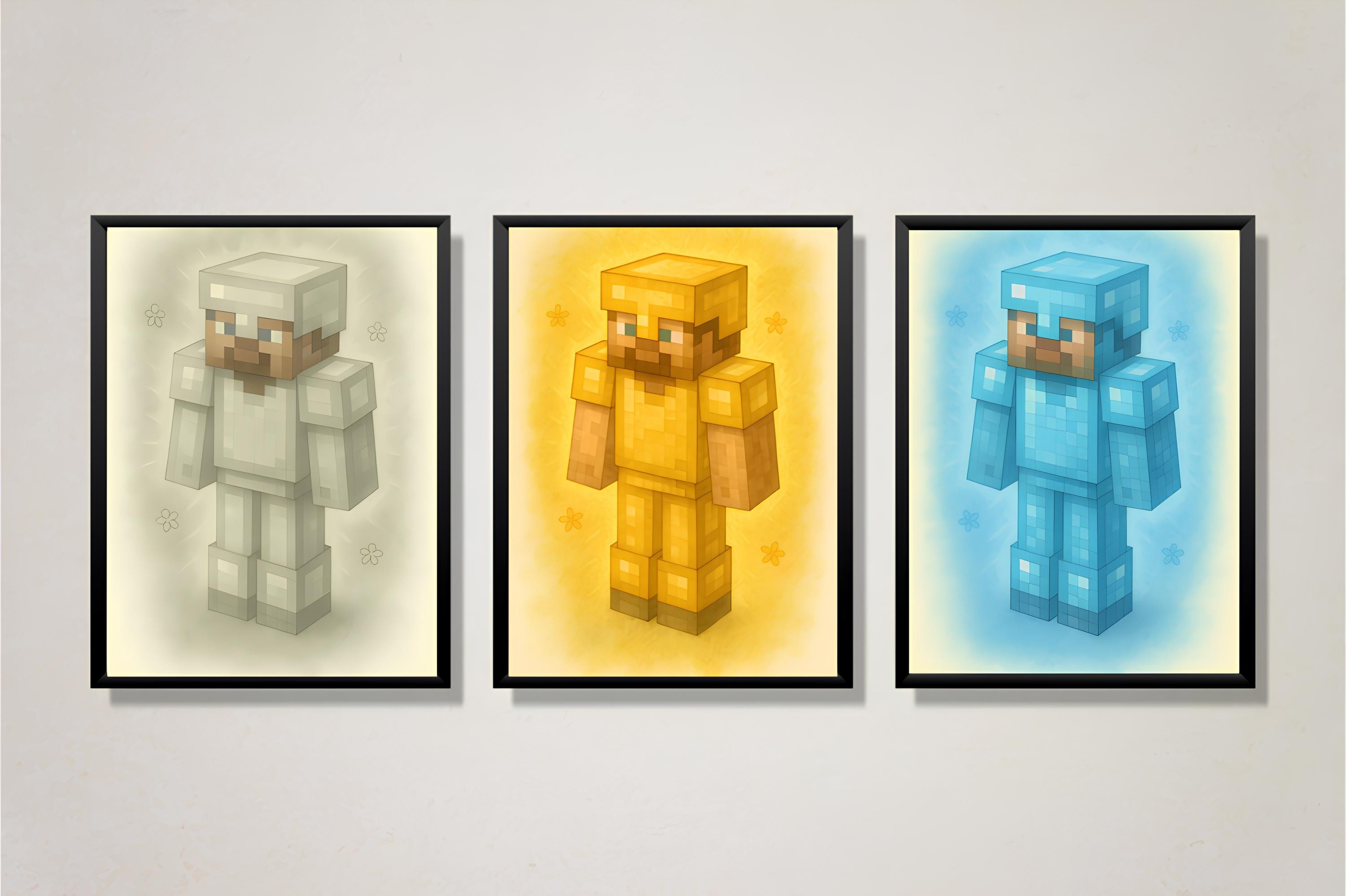 Minecraft Steve Poster Set, Armor Wall Art Decor, 6 Piece Printable ...