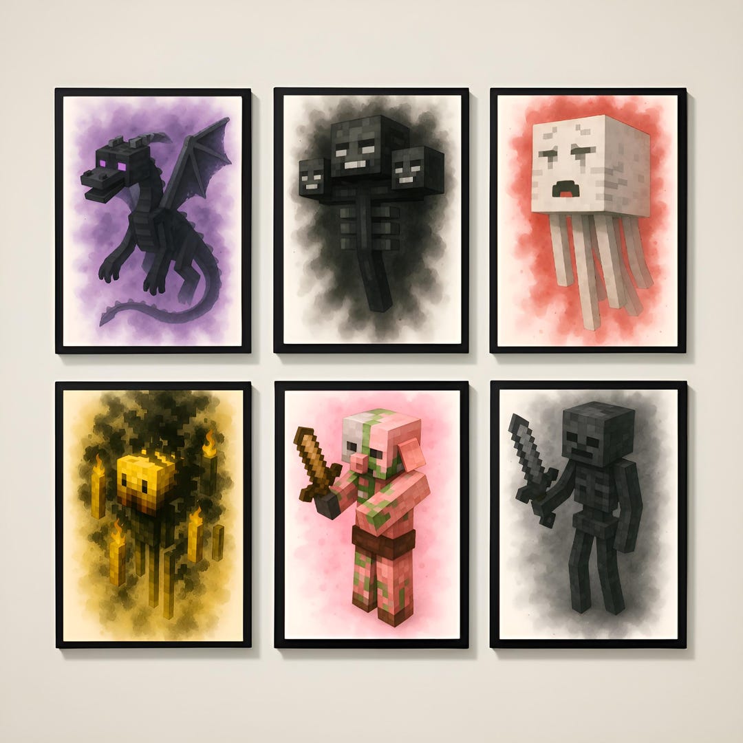 Minecraft Nether Mobs Printable Designs, Poster Set, 6-piece Cartoon ...