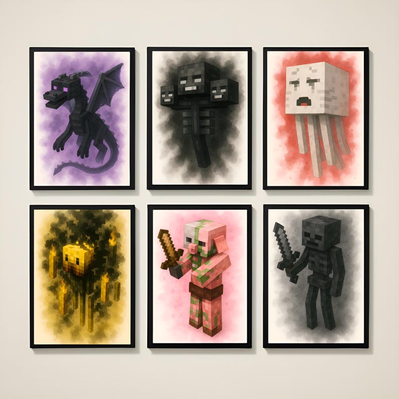 Minecraft Nether Mobs Printable Designs, Poster Set, 6-piece Cartoon ...