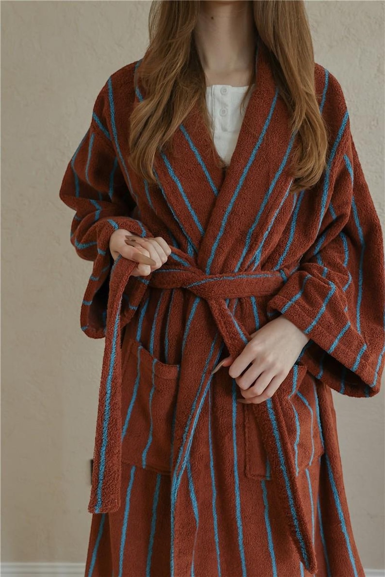 2026 Classic Retro Striped Bathrobe, 100% Combed Cotton Hotel Robe ...