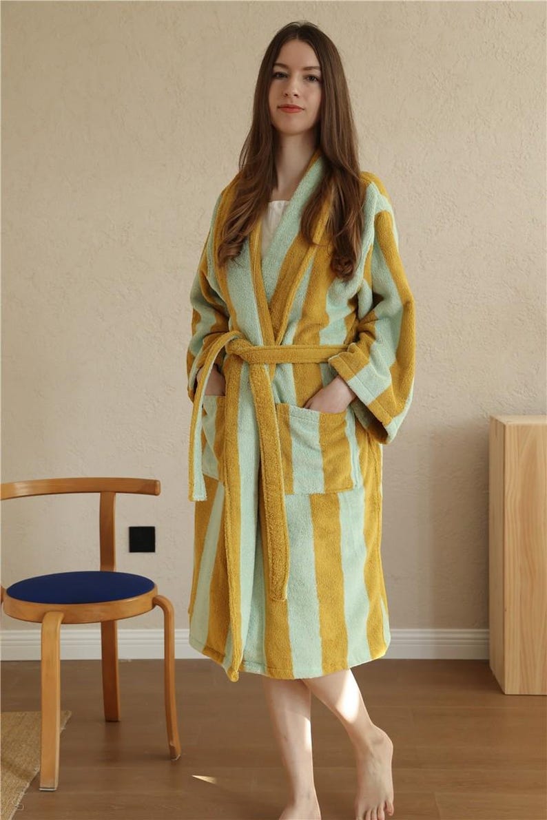 2026 Classic Retro Striped Bathrobe, 100% Combed Cotton Hotel Robe ...