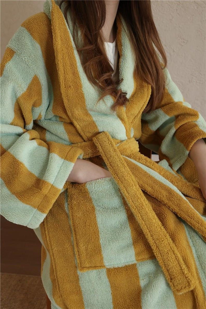 2026 Classic Retro Striped Bathrobe, 100% Combed Cotton Hotel Robe ...