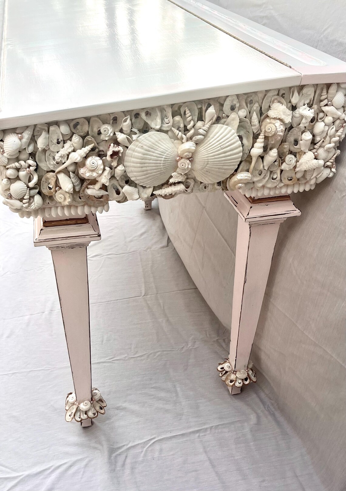Antique Wood Seashell Desk | Genuine Pearl & Coral Console Table ...
