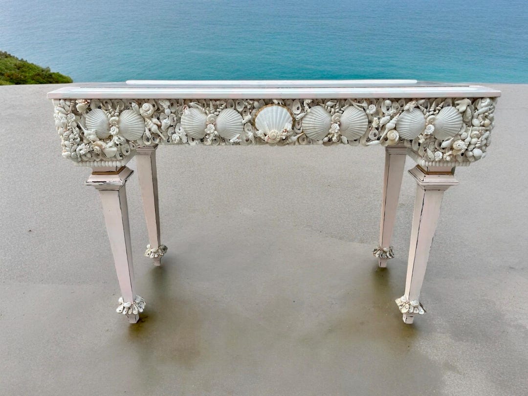 Antique Wood Seashell Desk | Genuine Pearl & Coral Console Table ...