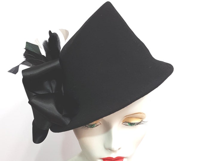 Black Tilt Hat Slanted Asymmetrical Percher, With Ribbon Bows and ...