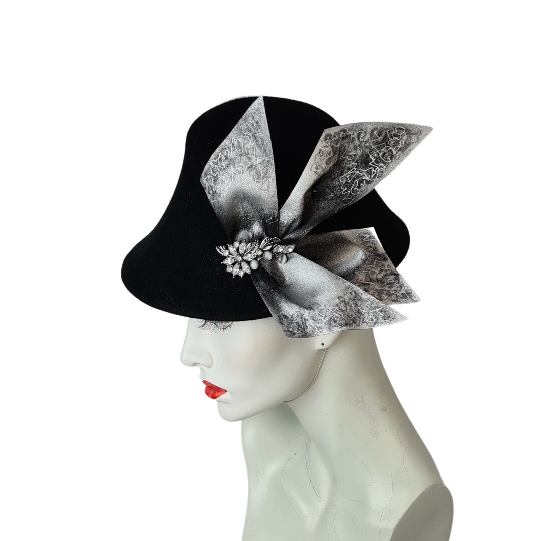 Black Tilt Hat Slanted Asymmetrical Percher, With Ribbon Bows , Vintage ...