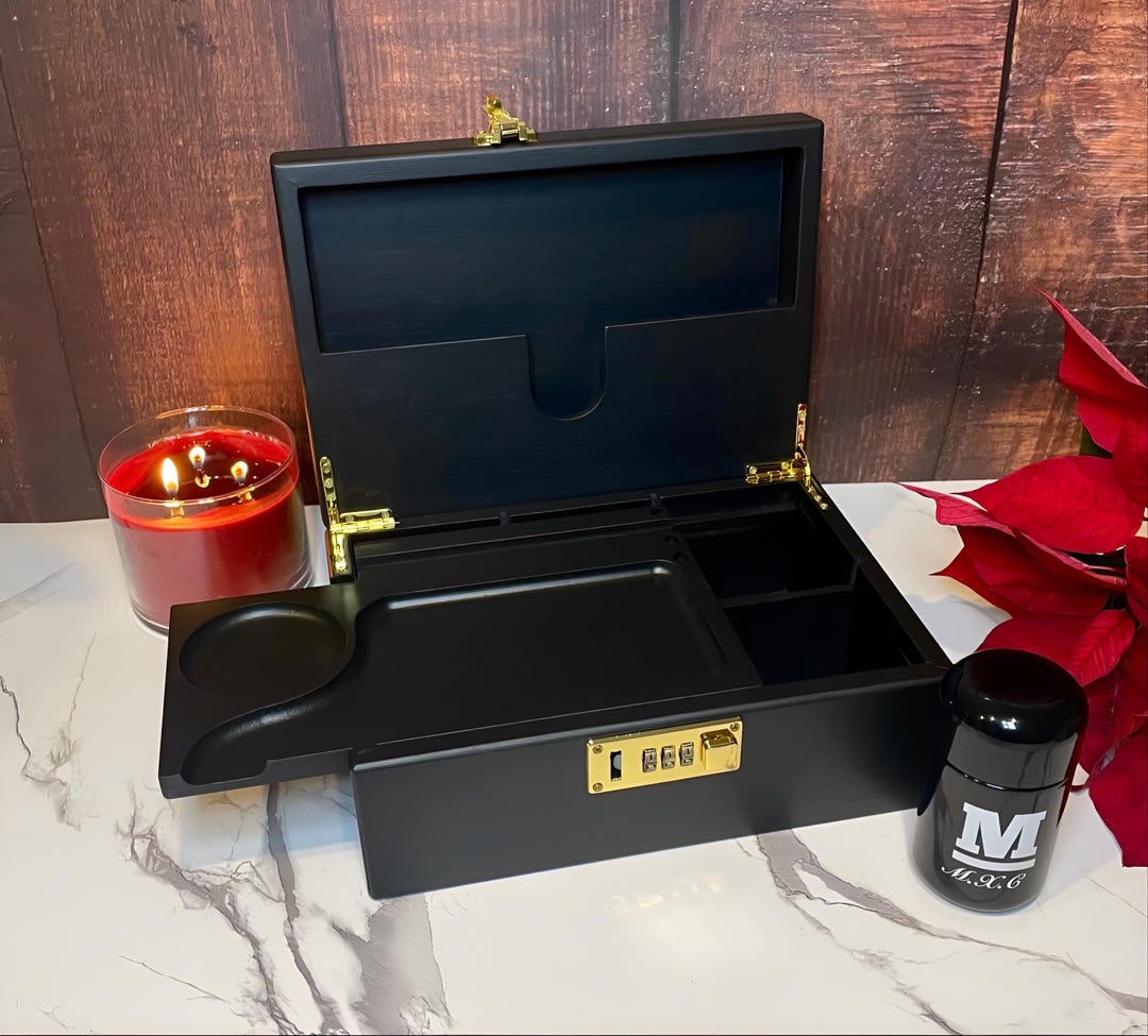 Premium Large Matt Black Natural Bamboo Smoking Stash Storage Box ...