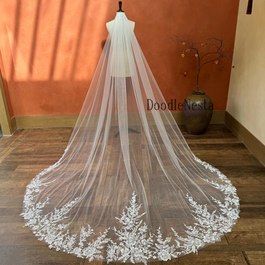 Beaded Lace Wedding Veil, Chapel Length, Bridal Comb Veil - Etsy