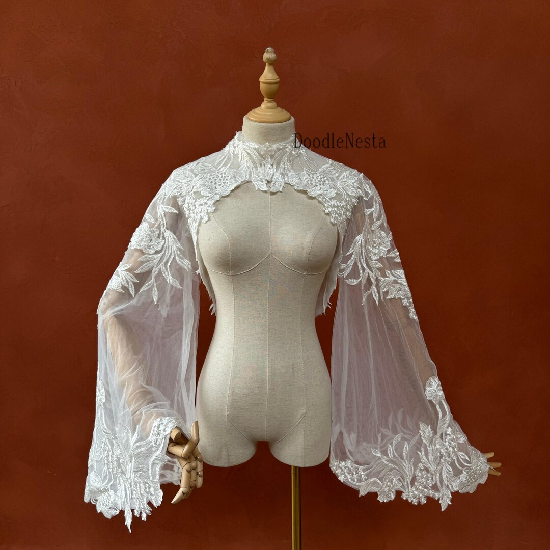 Ivory Lace Capelet With Long Bell Sleeves - Bridal & Formal Wear ...