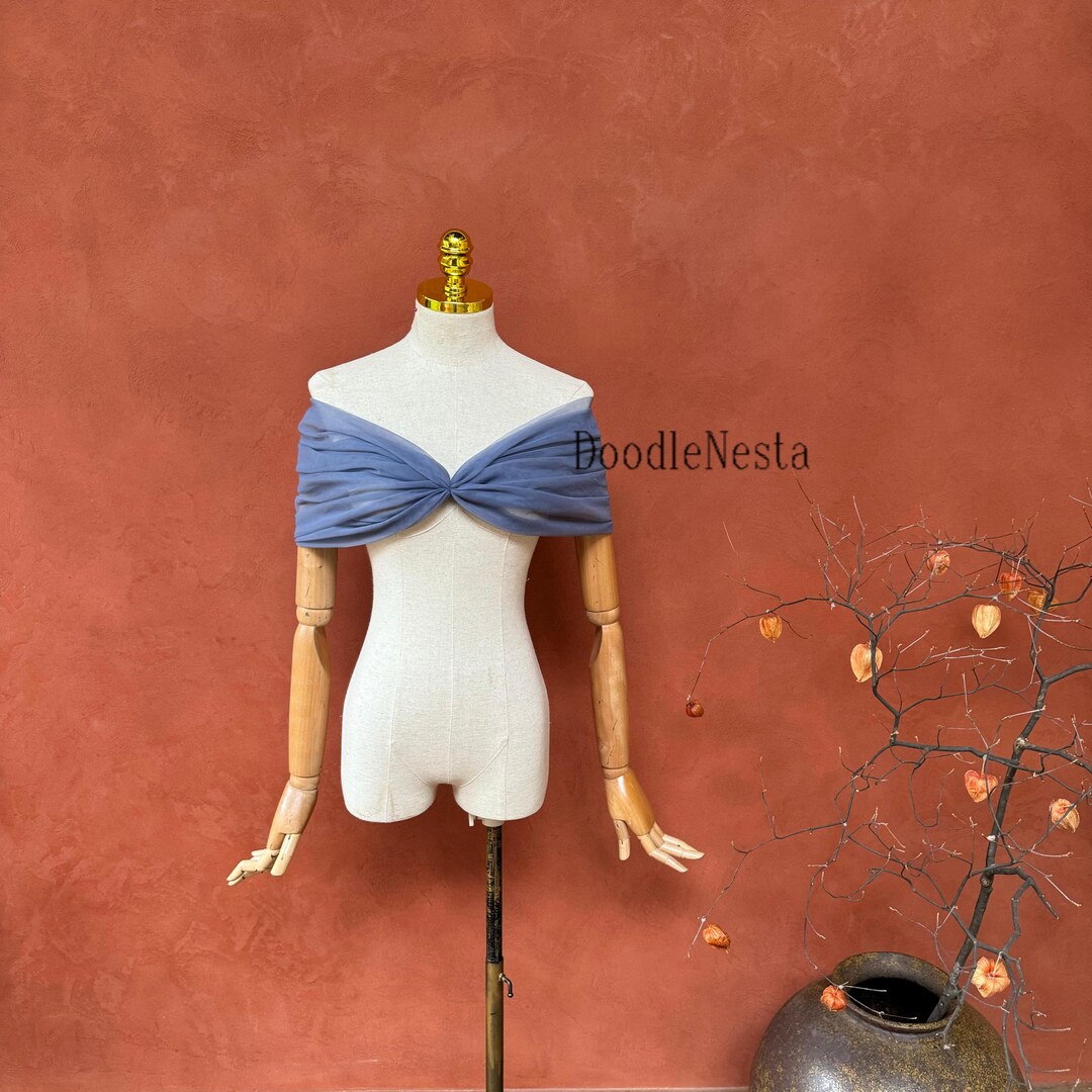 Blue-grey Tulle Bridal Shawl: Off-shoulder Wedding Wrap With Button - Etsy
