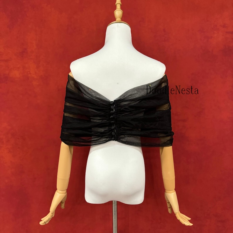 Black Tulle Bridal Shawl: Off-shoulder Wedding Wrap With Satin Button ...