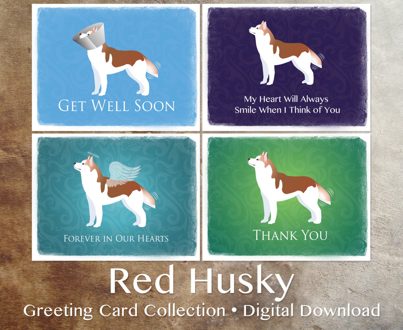 Red Siberian Husky Dog Greeting Card Collection Digital | Etsy