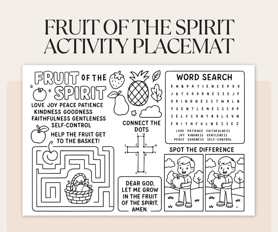Fruit of the Spirit Bible Activity Placemat, Kids Sunday School ...
