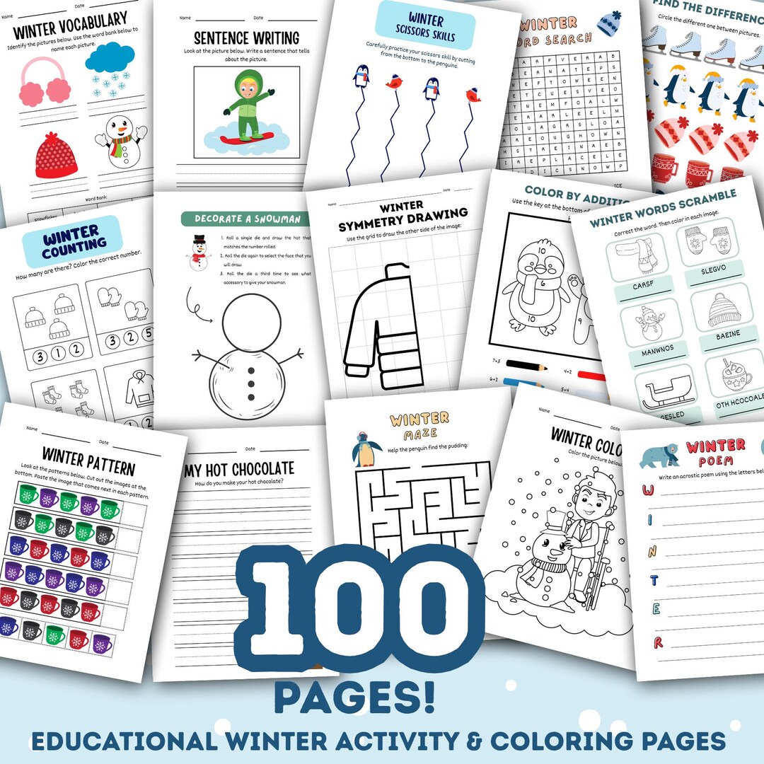 100 Page Winter Activity Book | Kindergarten 1st Grade Printable ...