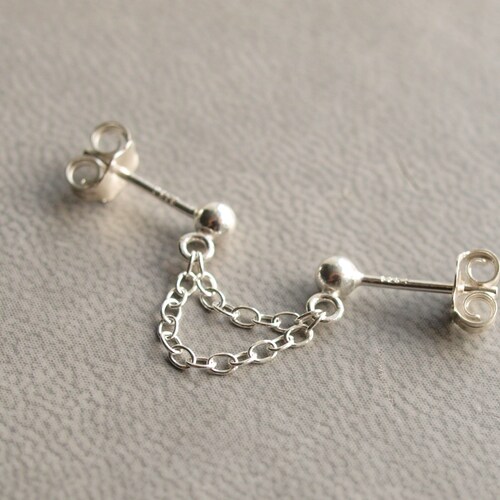 Double Piercing Earring Two Stud Chain Earring Sterling | Etsy