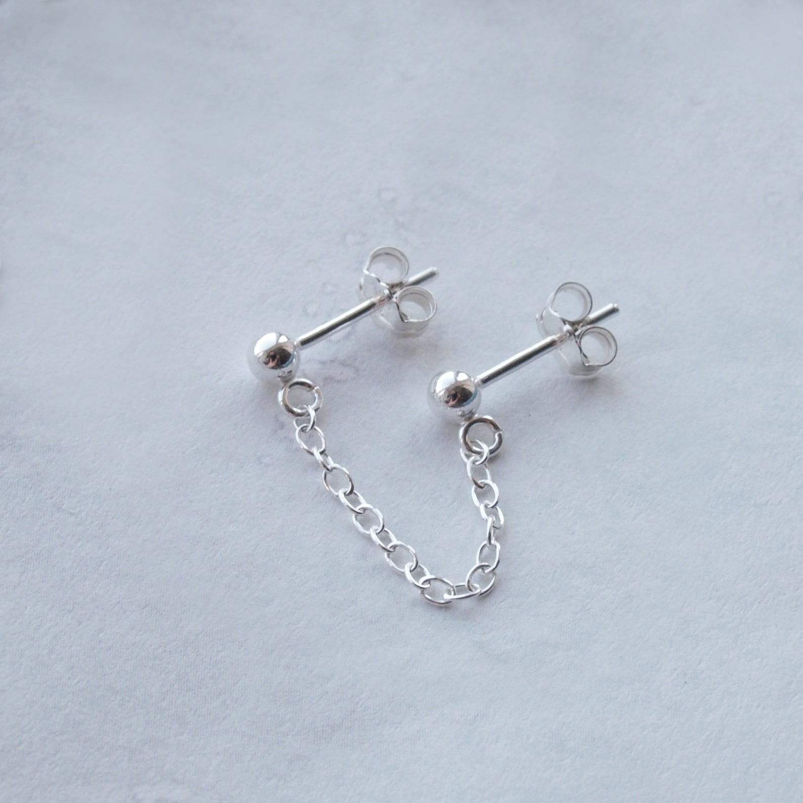Double Piercing Earring - Two Stud Chain Earring - Sterling Silver ...
