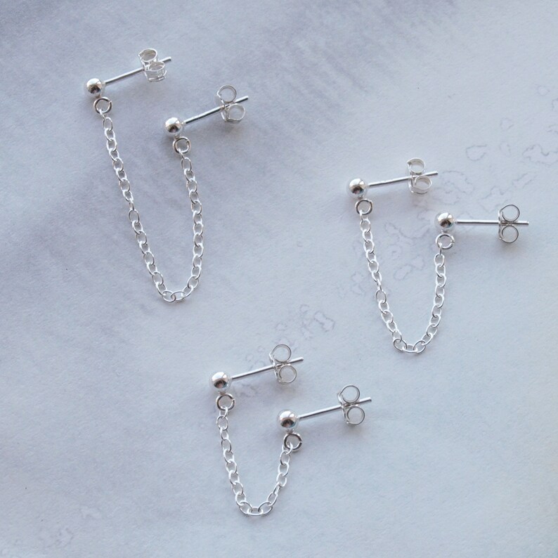 Double Piercing Earring - Two Stud Chain Earring - Sterling Silver ...