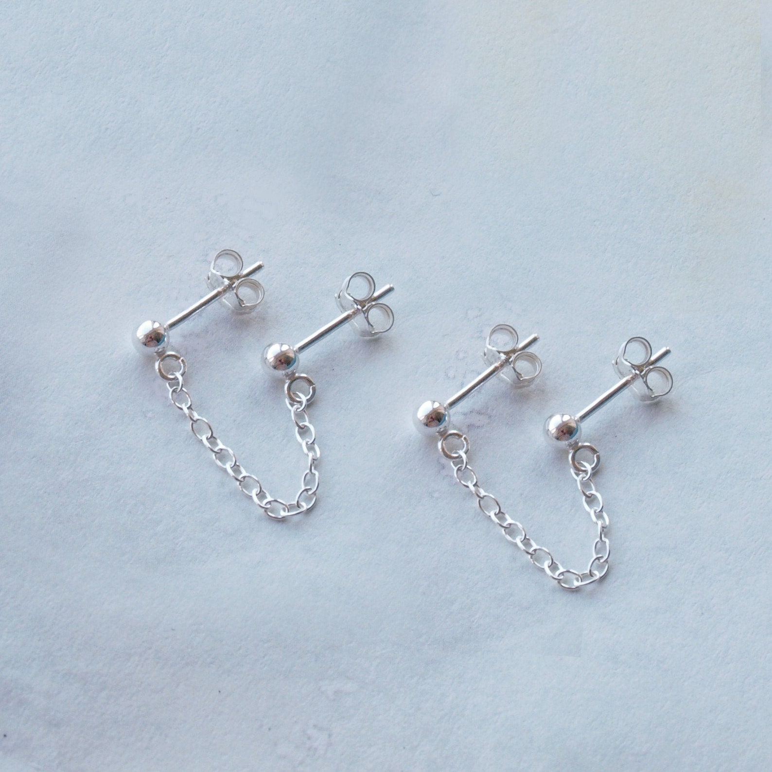 Double Piercing Chain Earrings Pair Sterling Silver Connected - Etsy