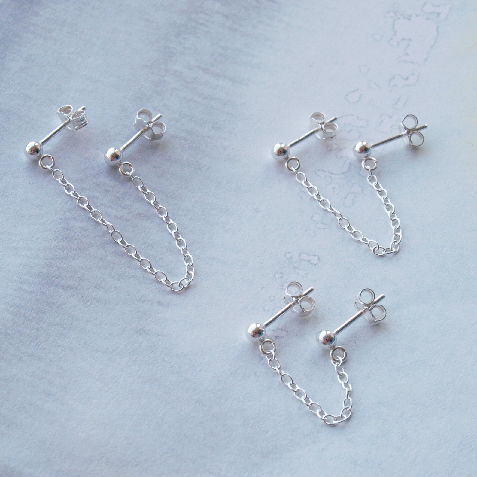 Double Piercing Earring - Two Stud Chain Earring - Sterling Silver ...