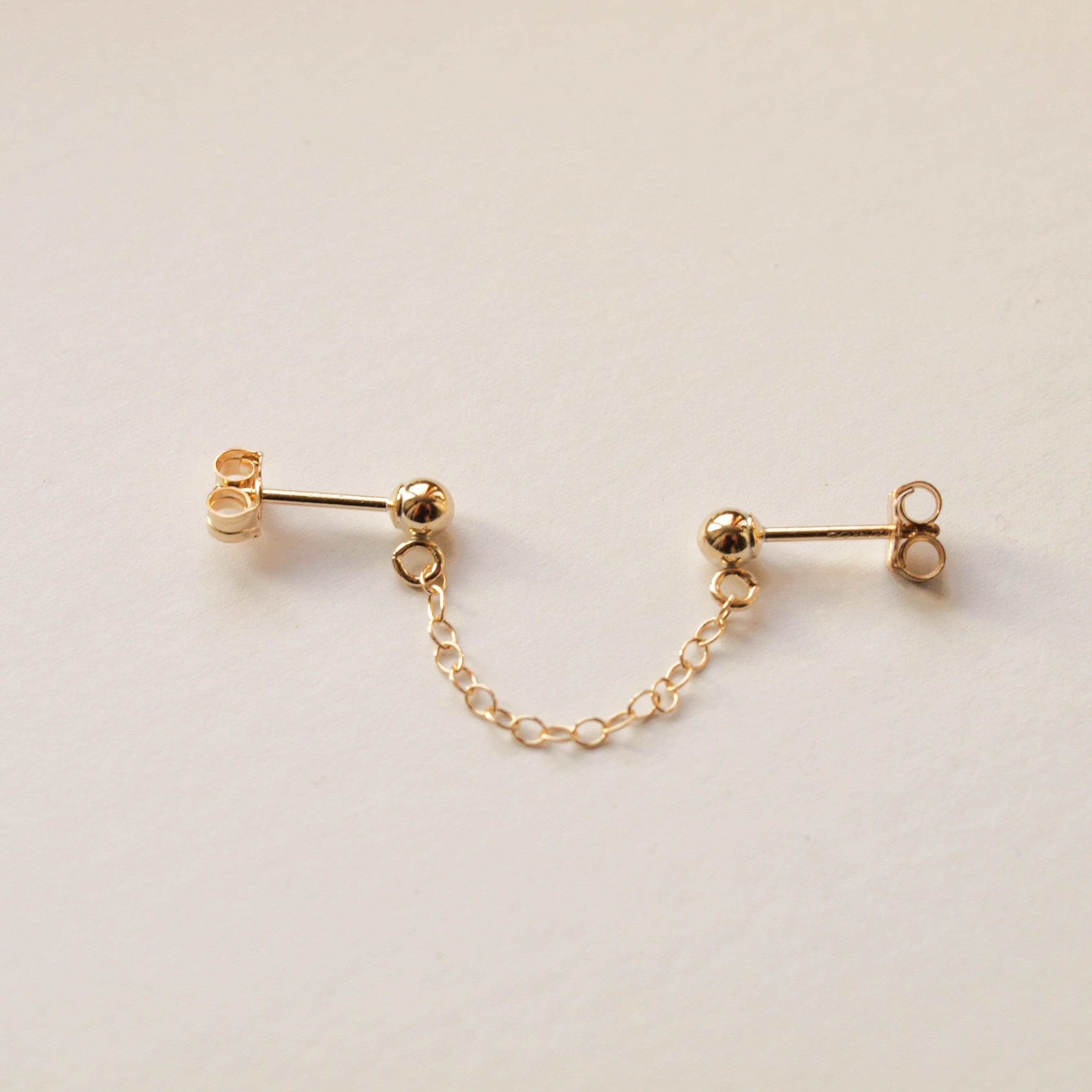 Gold Filled Double Piercing Earring - Two Stud Chain Earring - Double ...