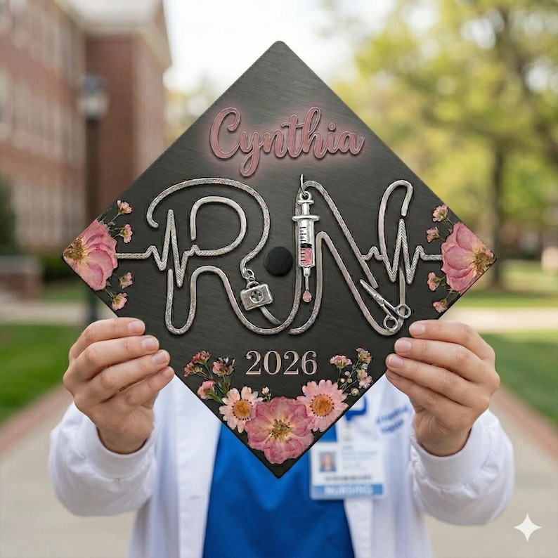 Custom RN Graduation Cap Topper 2026: Floral Nurse Stethoscope BSN ...