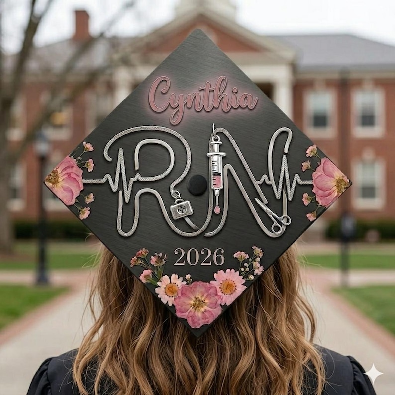 Custom RN Graduation Cap Topper 2026: Floral Nurse Stethoscope BSN ...