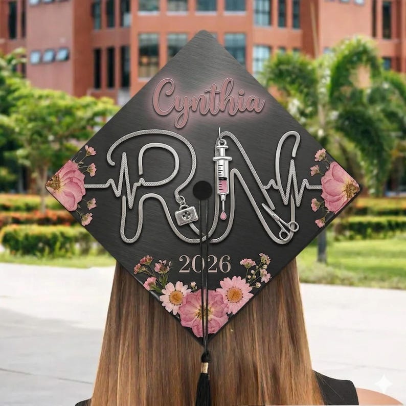 Custom RN Graduation Cap Topper 2026: Floral Nurse Stethoscope BSN ...