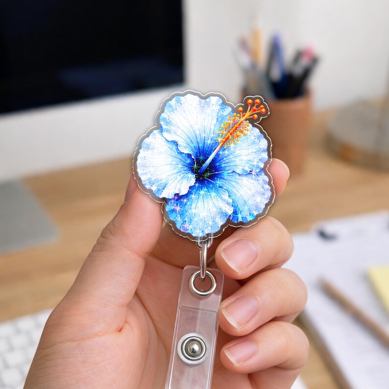 Tropical Flower Badge Reel, Hibiscus Plumeria Acrylic Badge Holder ...