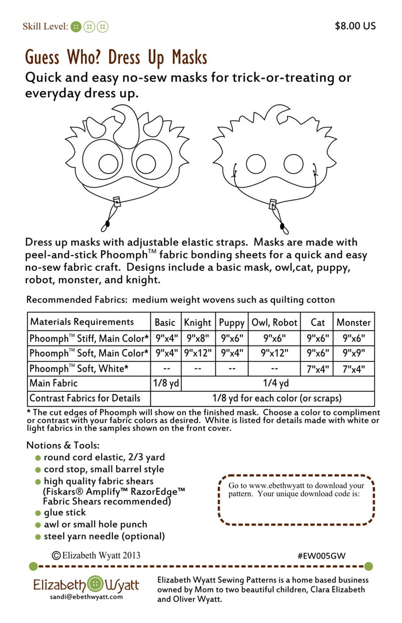 Guess Who? Dress up Mask Pattern - No Sew Fabric Craft - Instant ...