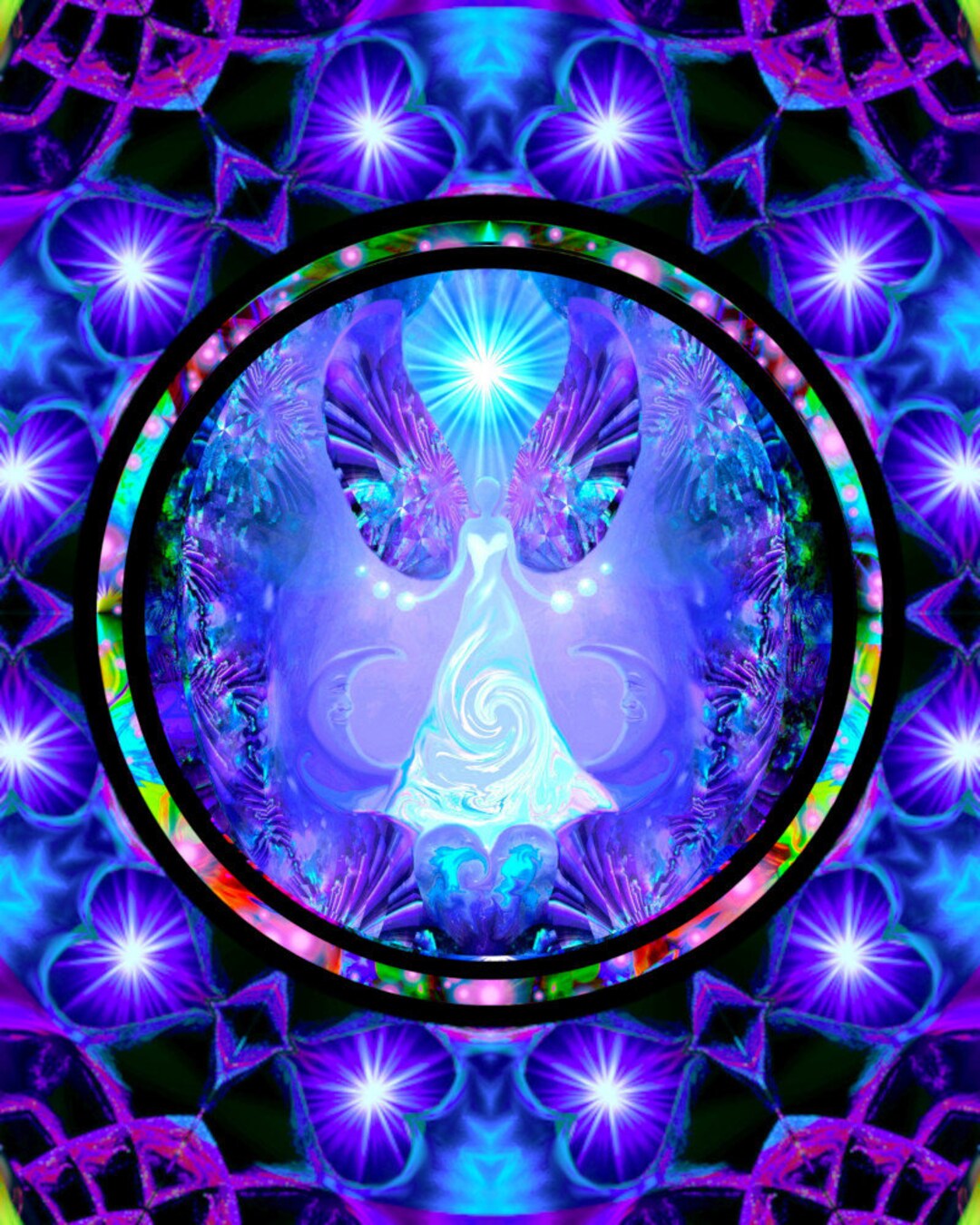 Blue Sacred Geometry Art, Purple Heart Stars Angel Print, Metaphysical ...