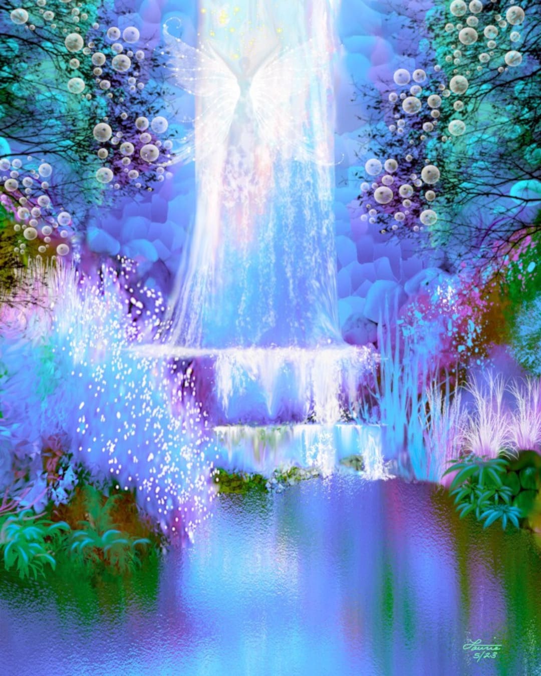 Blue Waterfall Impressionist Art Print, Ethereal Dreamscape Fantasy Art ...