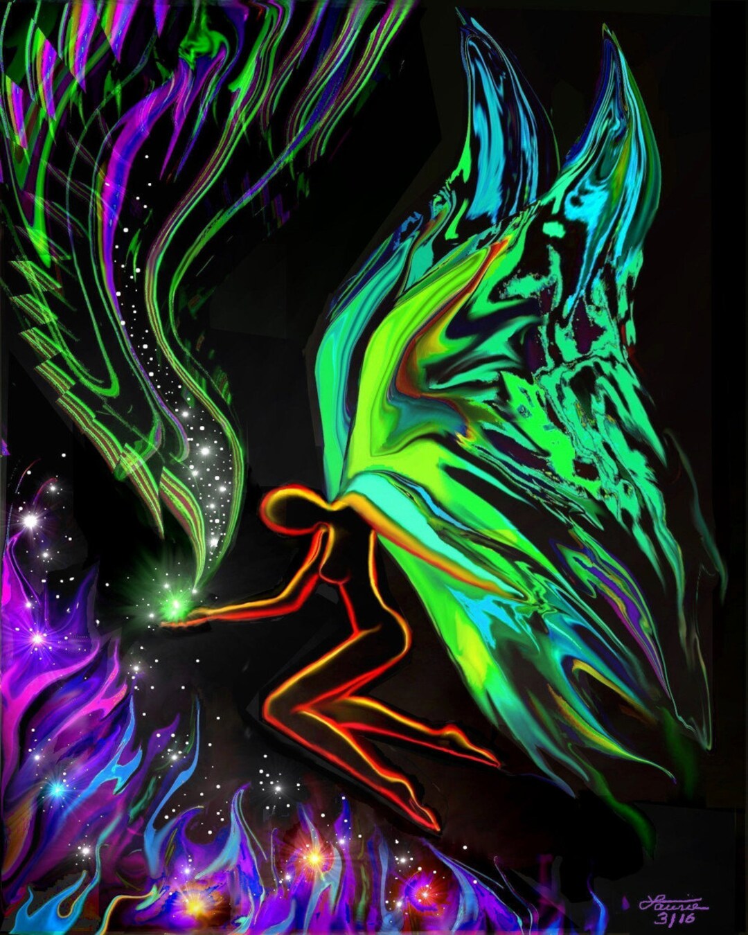 Violet Flame Altar Art, Original Visionary Art Print, Angel Wings ...