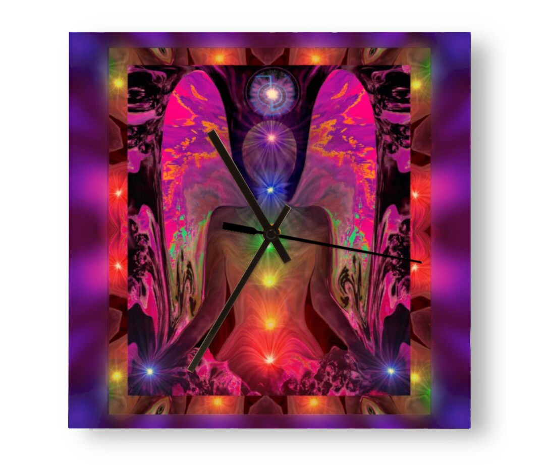 Chakra Angel Art Square Clock, Colorful Wood Home Decor, Large Rainbow ...