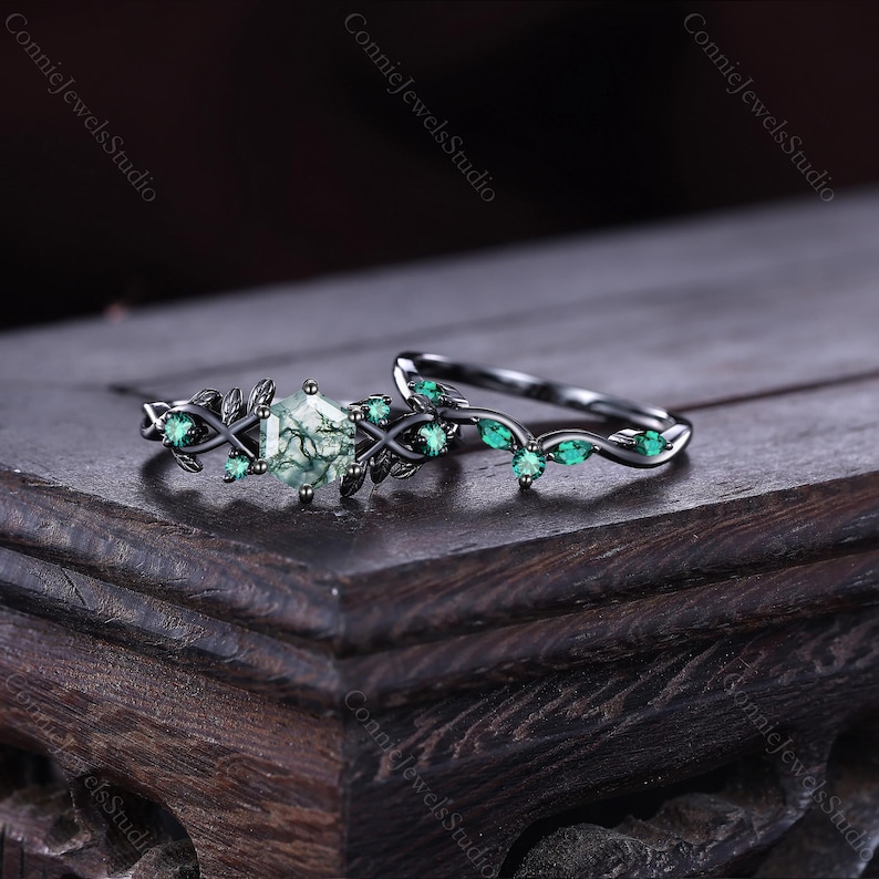 Unique Moss Agate Engagement Ring Set Gothic Black Gold Emerald Wedding ...