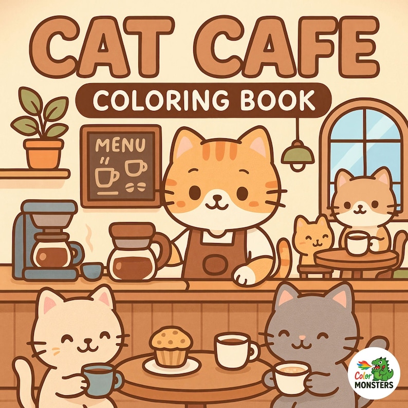 Cat Cafe Coloring Pages, Coffee Shop Coloring Book, Cute Cat Barista ...