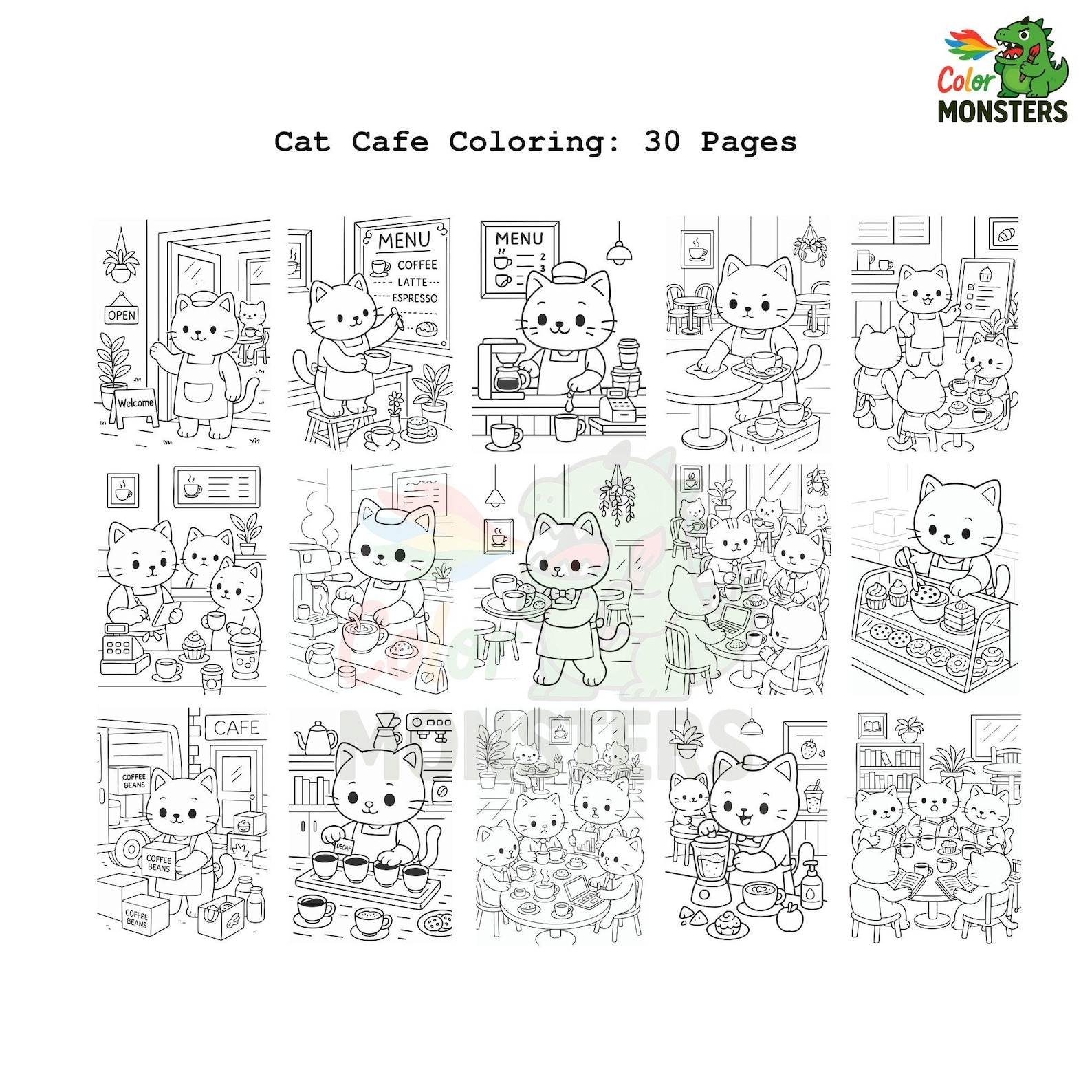 Cat Cafe Coloring Pages, Coffee Shop Coloring Book, Cute Cat Barista ...