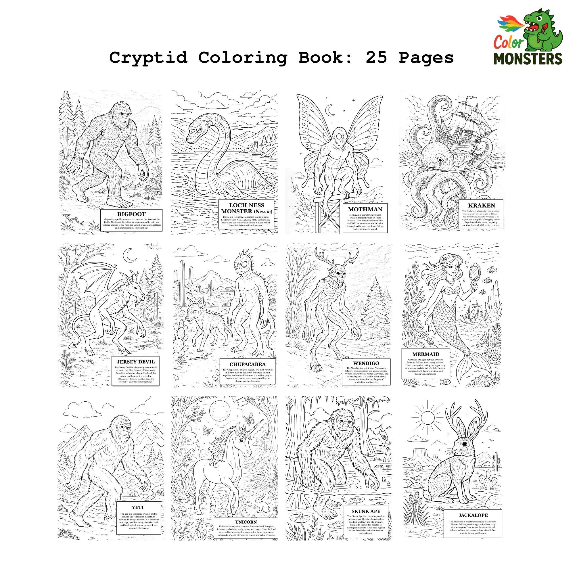 Cryptid Coloring Book: Mythical Creatures & Folklore (printable PDF) - Etsy