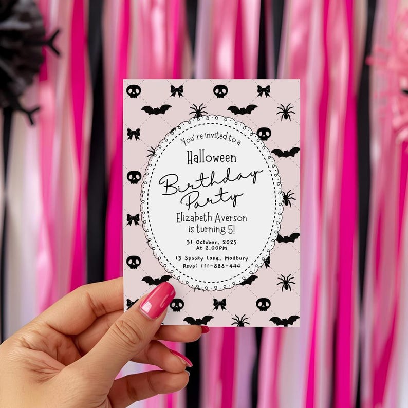 Pink Halloween Birthday Invitation: Girly Party, Editable Canva ...