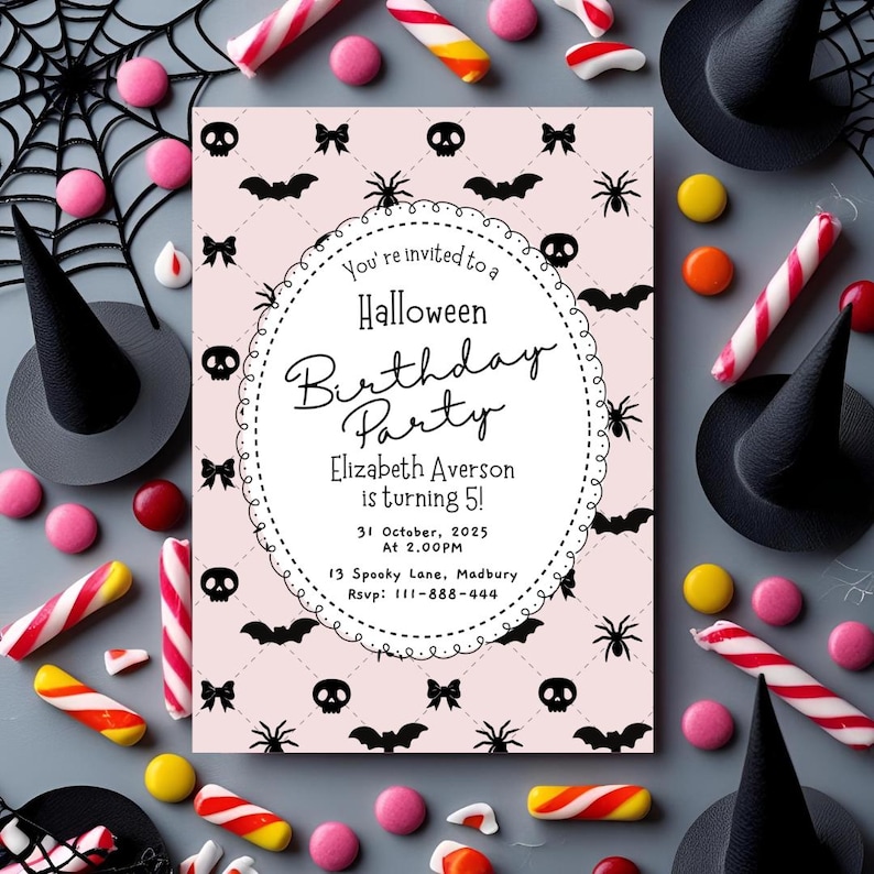 Pink Halloween Birthday Invitation: Girly Party, Editable Canva ...
