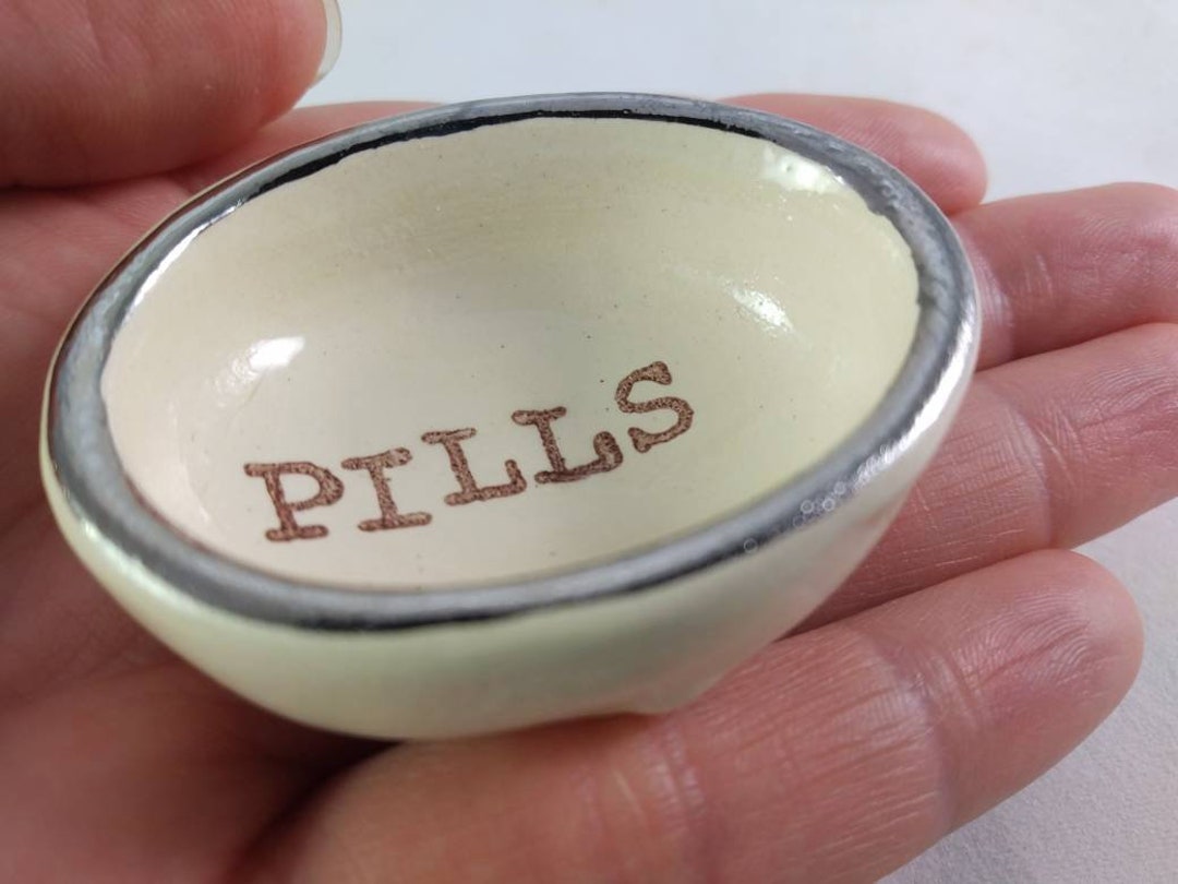 Silver Pill Dish Print Text Ceramic Pill Holder in White Self Care Gift ...
