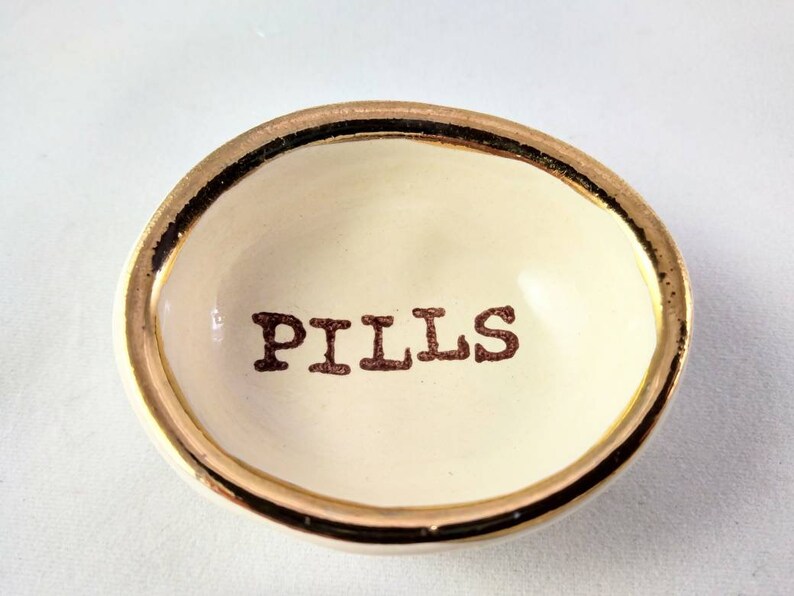 Gold Pill Dish Print Text Ceramic Pill Holder in White Self Care Gift ...