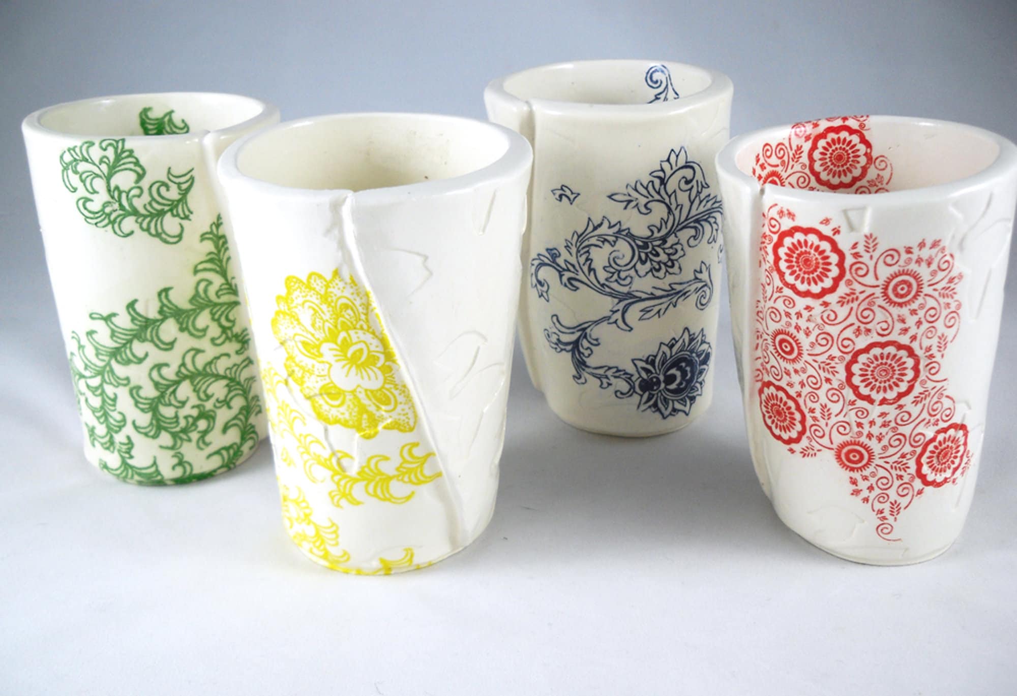 Set of 4 Ceramic Tumblers, Tall Coffee Cups, Flower Printed Cups ...